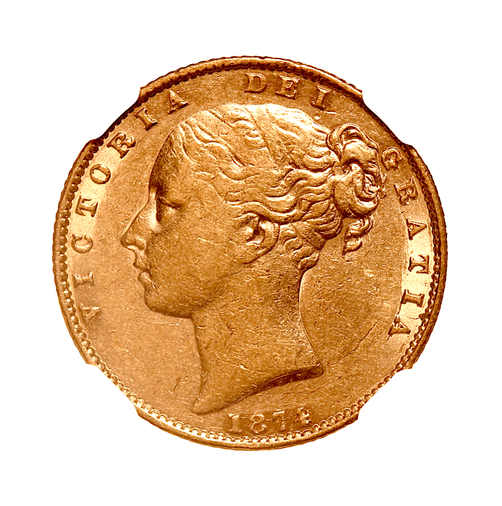 1874 Sovereign London Shield Reverse Die 32 NGC AU55 Very Rare – UK Coinage